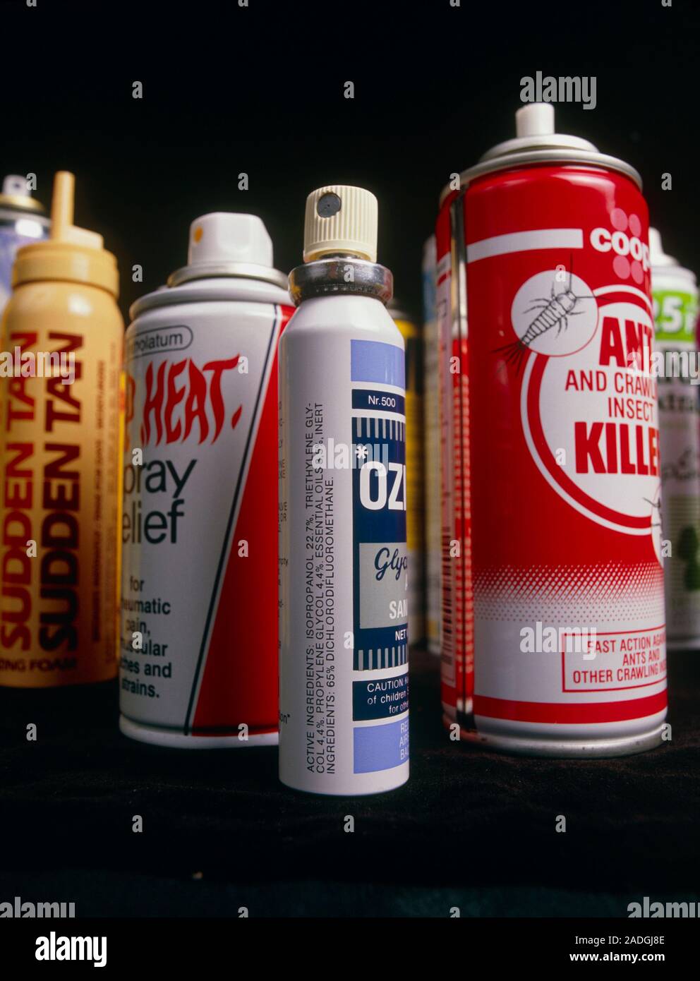 Assorted aerosol spray cans. Aerosol sprays are powered by chemicals ...