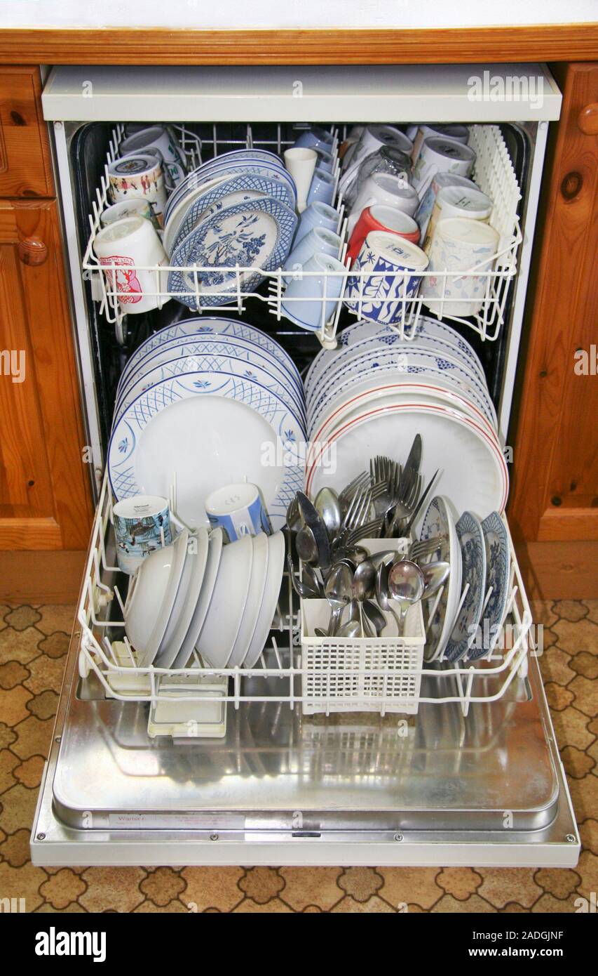 Dishwasher. Assortment of clean crockery and cutlery in a domestic ...