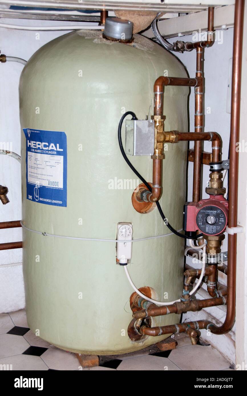 Domestic hot water cylinder. This tank heats and stores hot water for ...