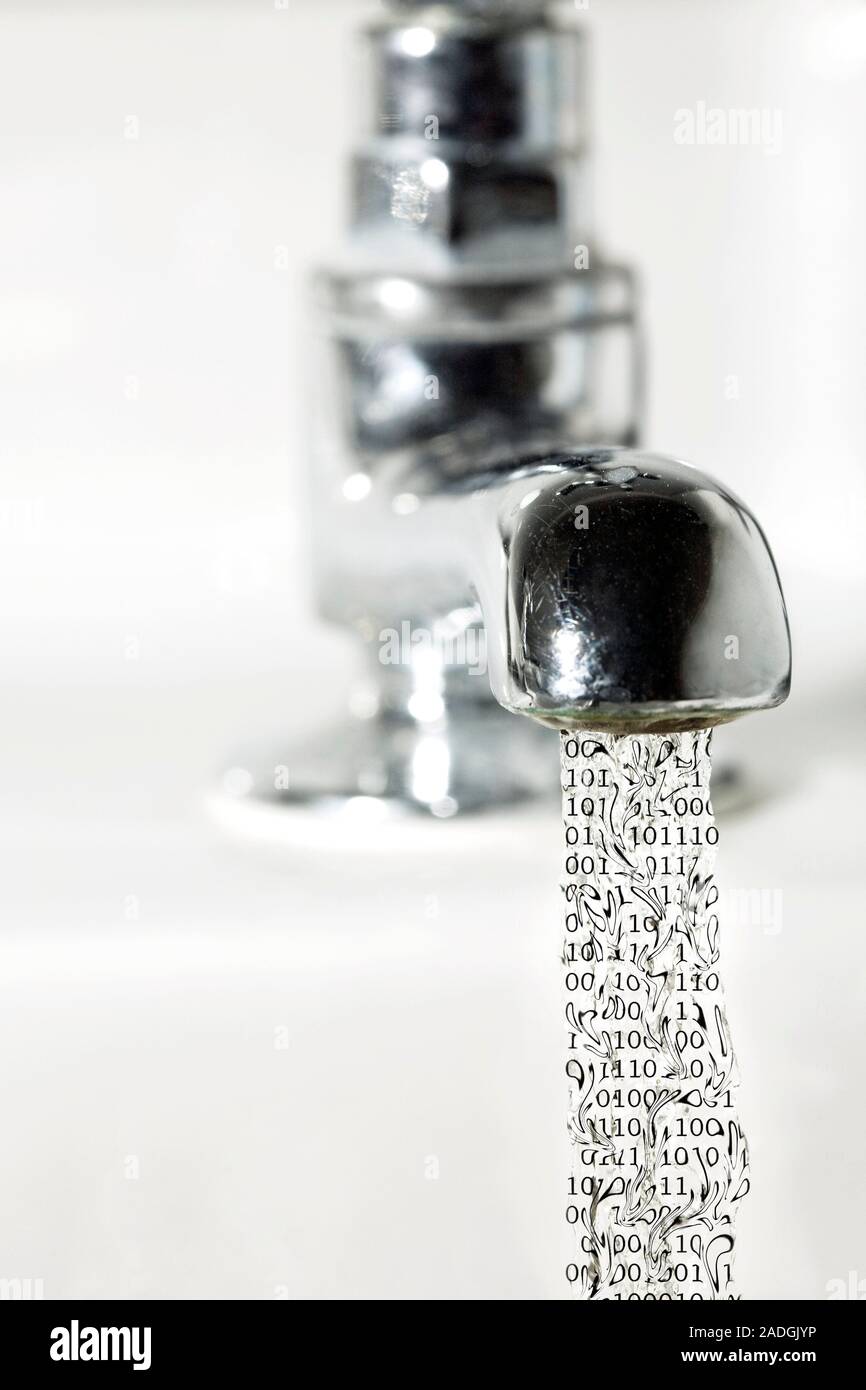 Water footprint, conceptual image. Binary code flowing in water from a ...