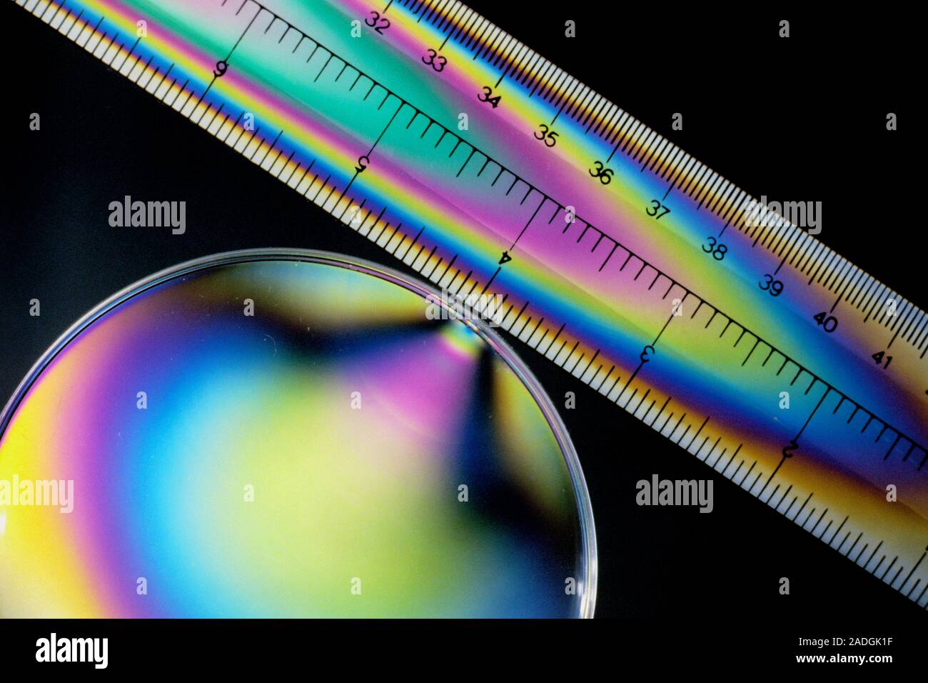 Coloured light interference patterns on a plastic ruler & shallow dish ...