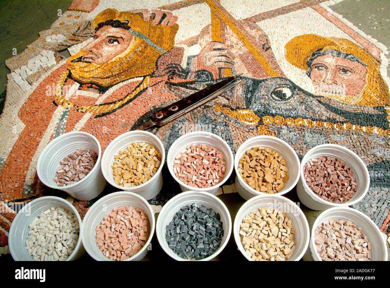Battle of Issus mosaic reconstruction. Collection of mosaic tiles being ...