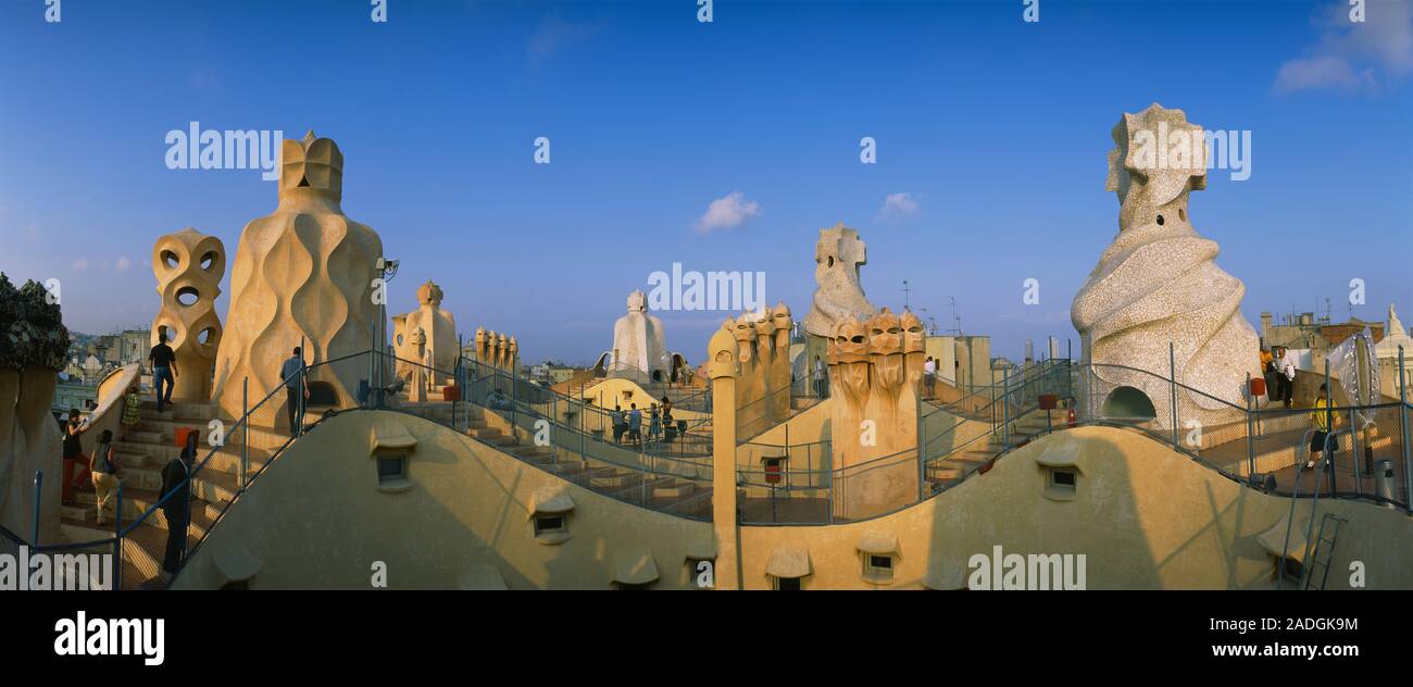 Chimneys on the roof of a building, Casa Mila, Barcelona, Catalonia ...