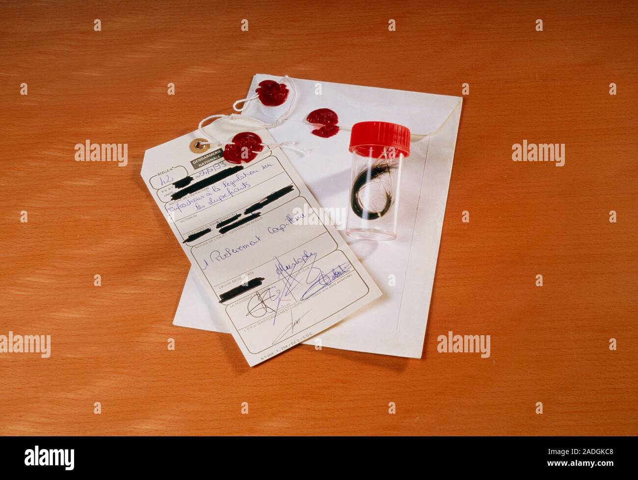 Hair sample. Vial containing a hair sample for forensic analysis. It is ...