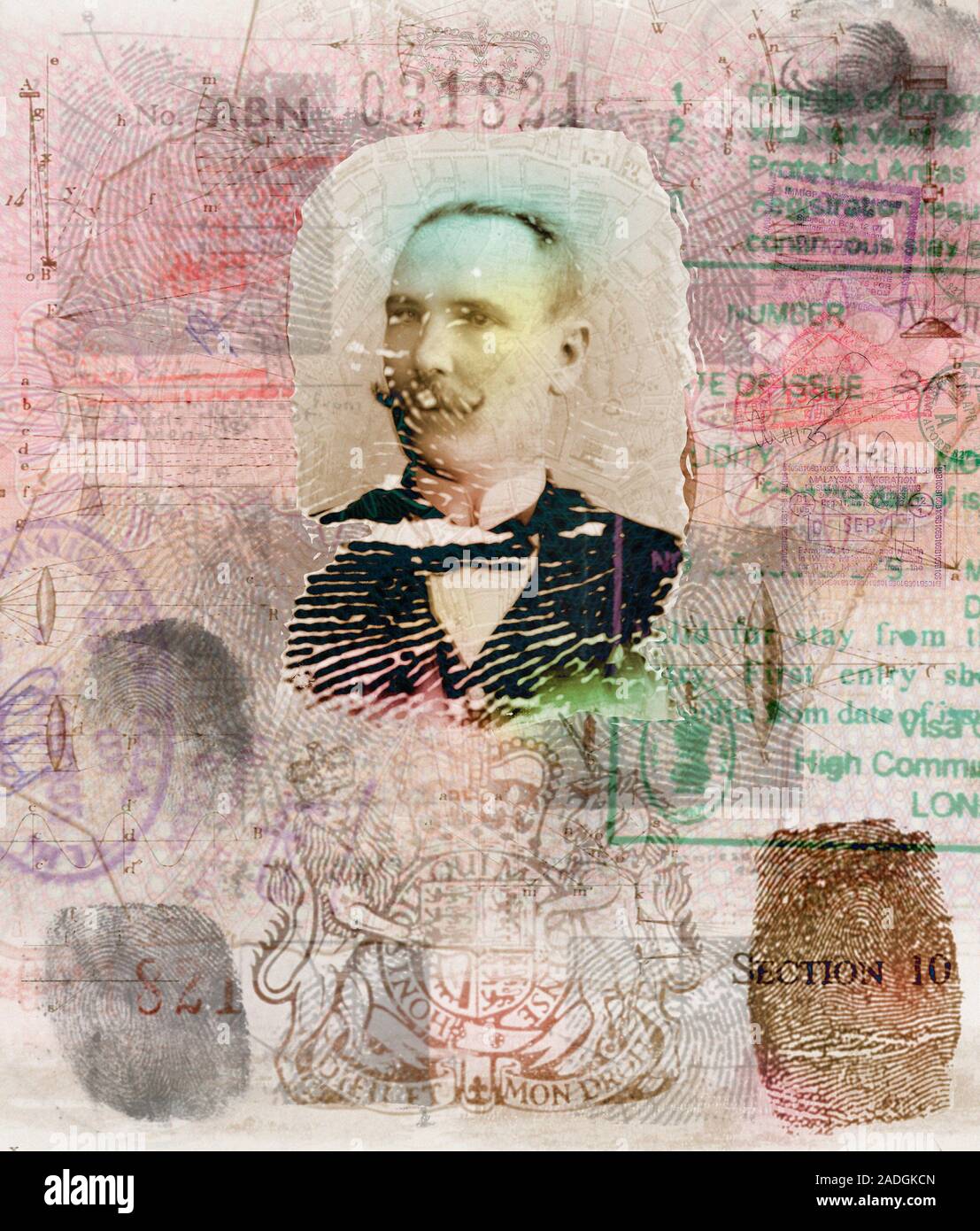 Human identification. Representation of a historical passport showing a ...