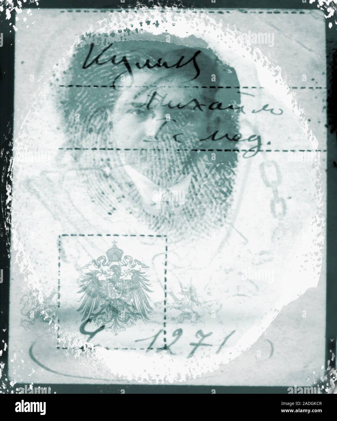 Human identification. Representation of a historical passport showing a ...