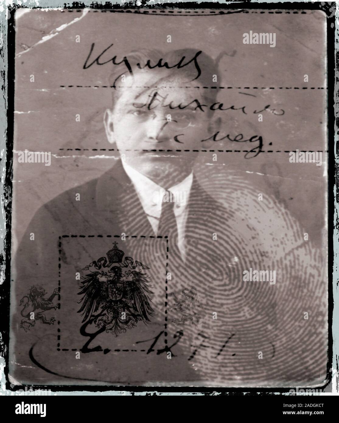 Human identification. Representation of a historical passport showing a ...