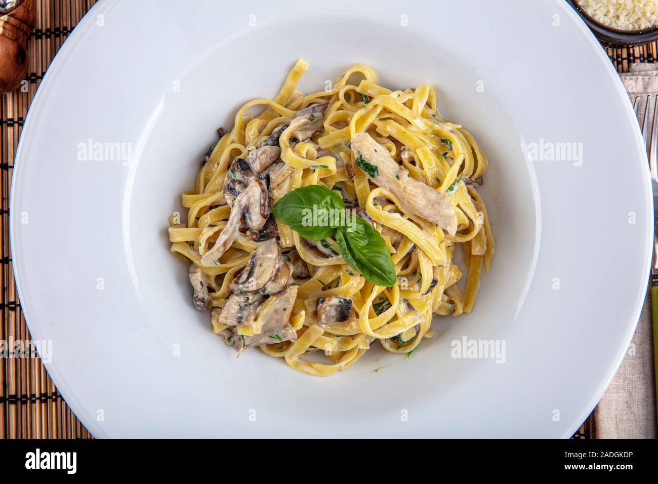 Top down view of Creamy Mushroom Fettucini Alfredo pasta Stock Photo ...