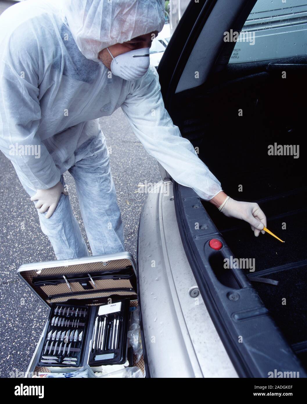 Collecting evidence. Forensic officer using a pair of tweezers to ...