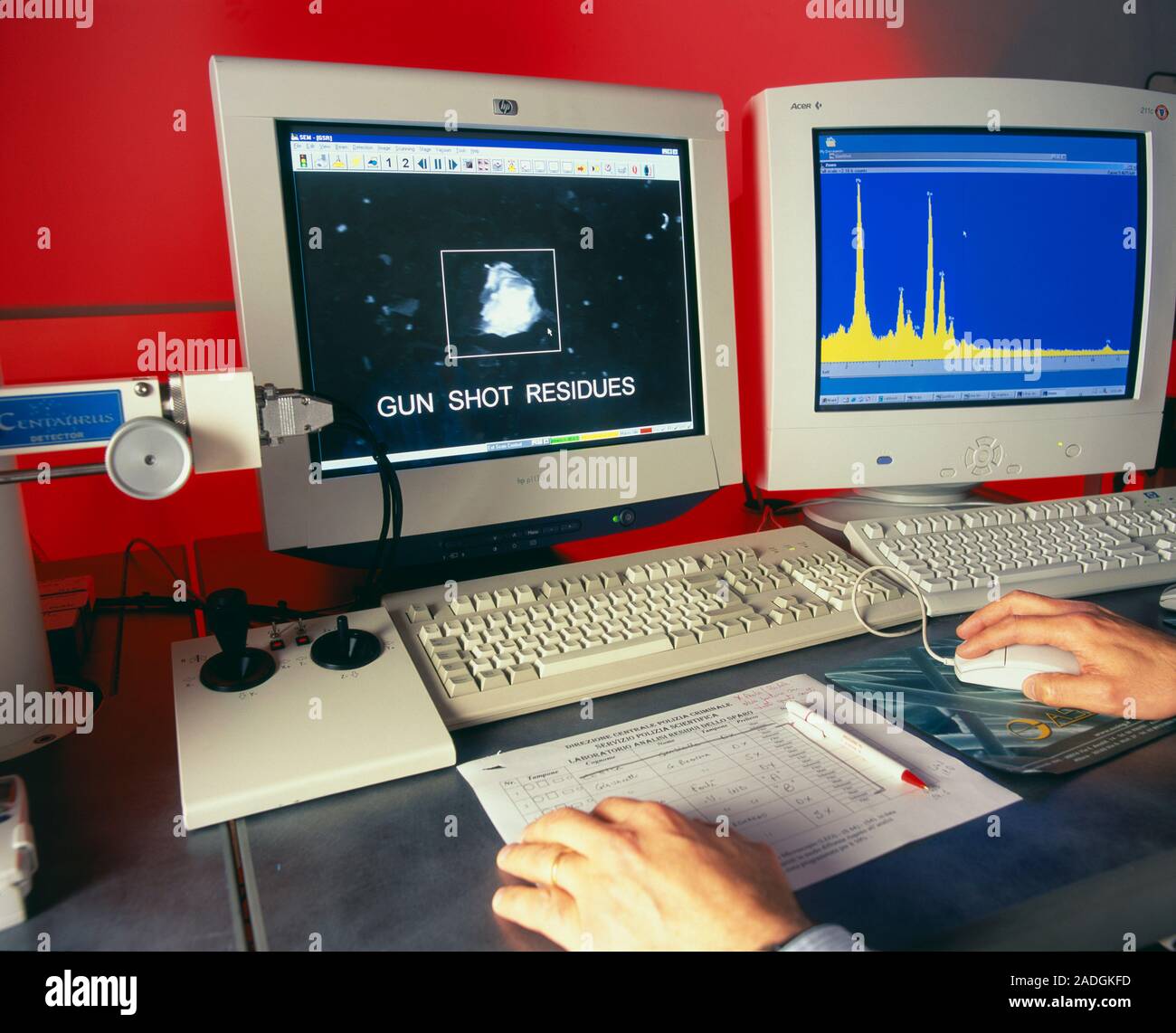 Analysis of gunshot residue (GSR). Displays of the results of GSR analysis with a scanning ...