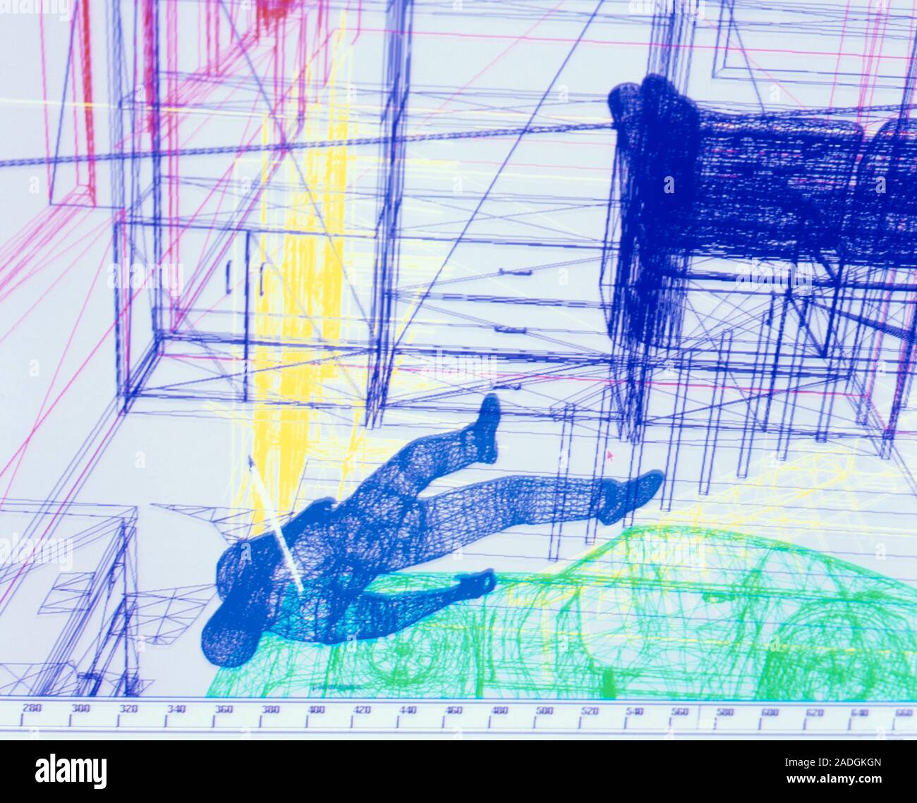 Crime scene reconstruction. Screen display of some three-dimensional ...