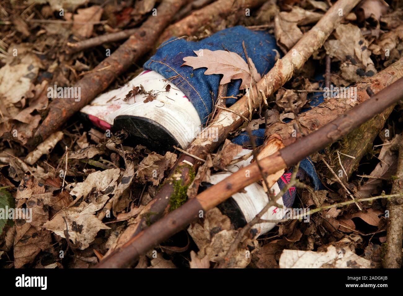 Forensic training. Feet of a dummy representing a murder victim buried ...