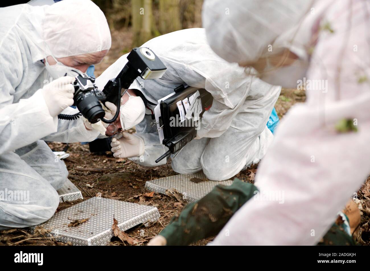 MODEL RELEASED. Forensic training. Scene of crime officer (SOCO) taking ...