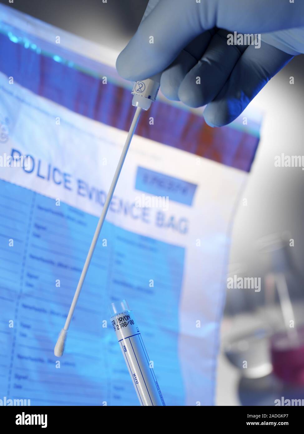 Forensic evidence. Swab sample about to be placed inside its container ...