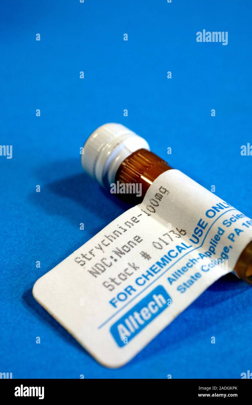 Strychnine. Vial of strychnine used for forensic research. Strychnine ...