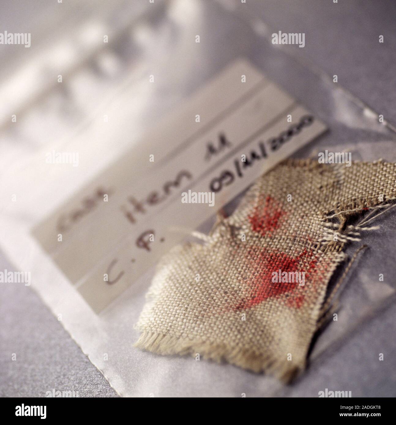 Bloody cloth in a sample bag. The blood on the cloth will be analysed ...