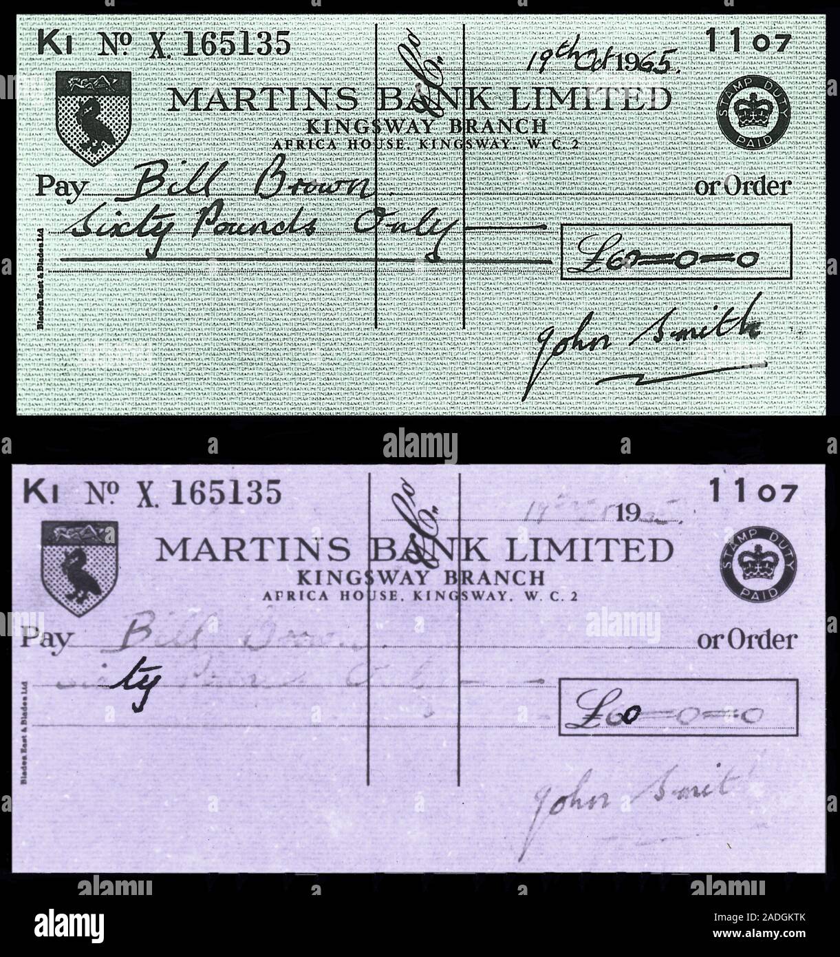 Cheque fraud. Image showing how ultra violet (UV) light is used to ...
