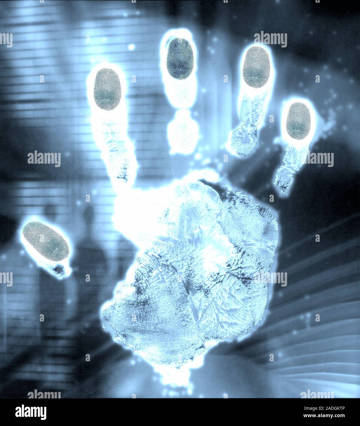Handprint forensics. Computer artwork of a glowing handprint, with ...