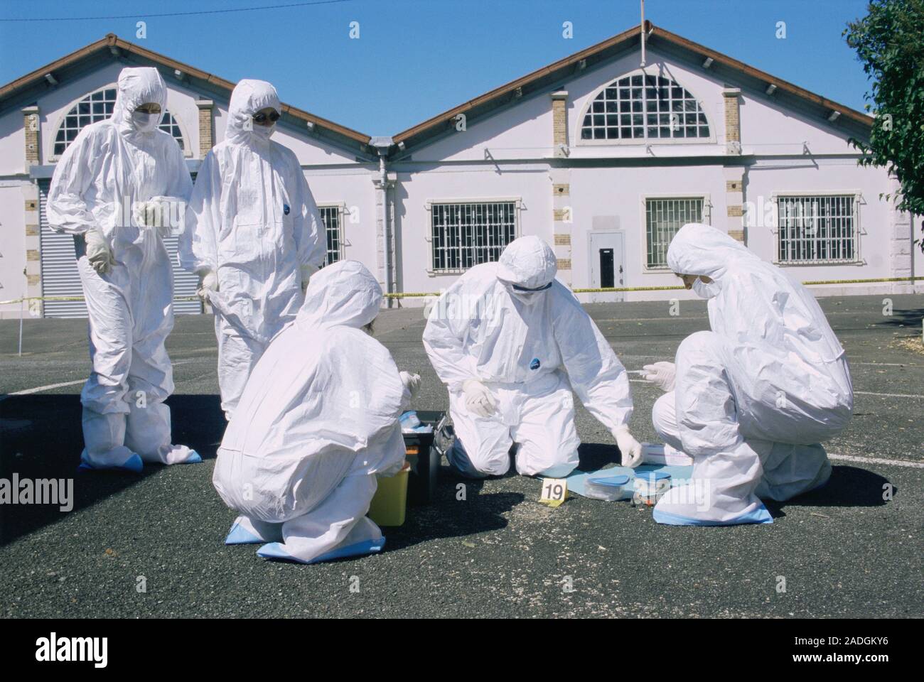 Forensics officers collecting evidence at the scene of a crime. They ...