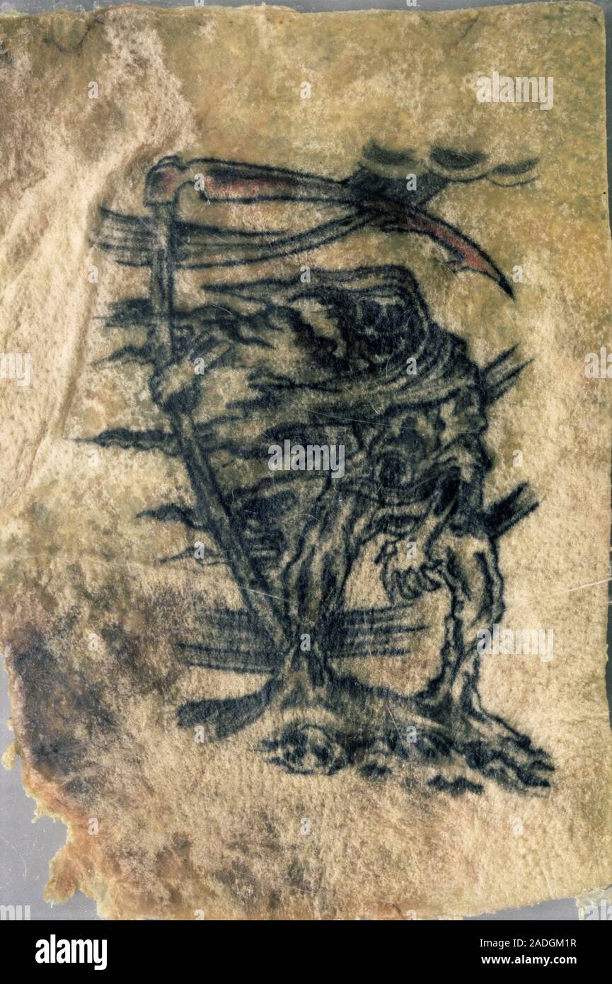 Tattoo during forensic research. The skin on which the tattoo is drawn ...