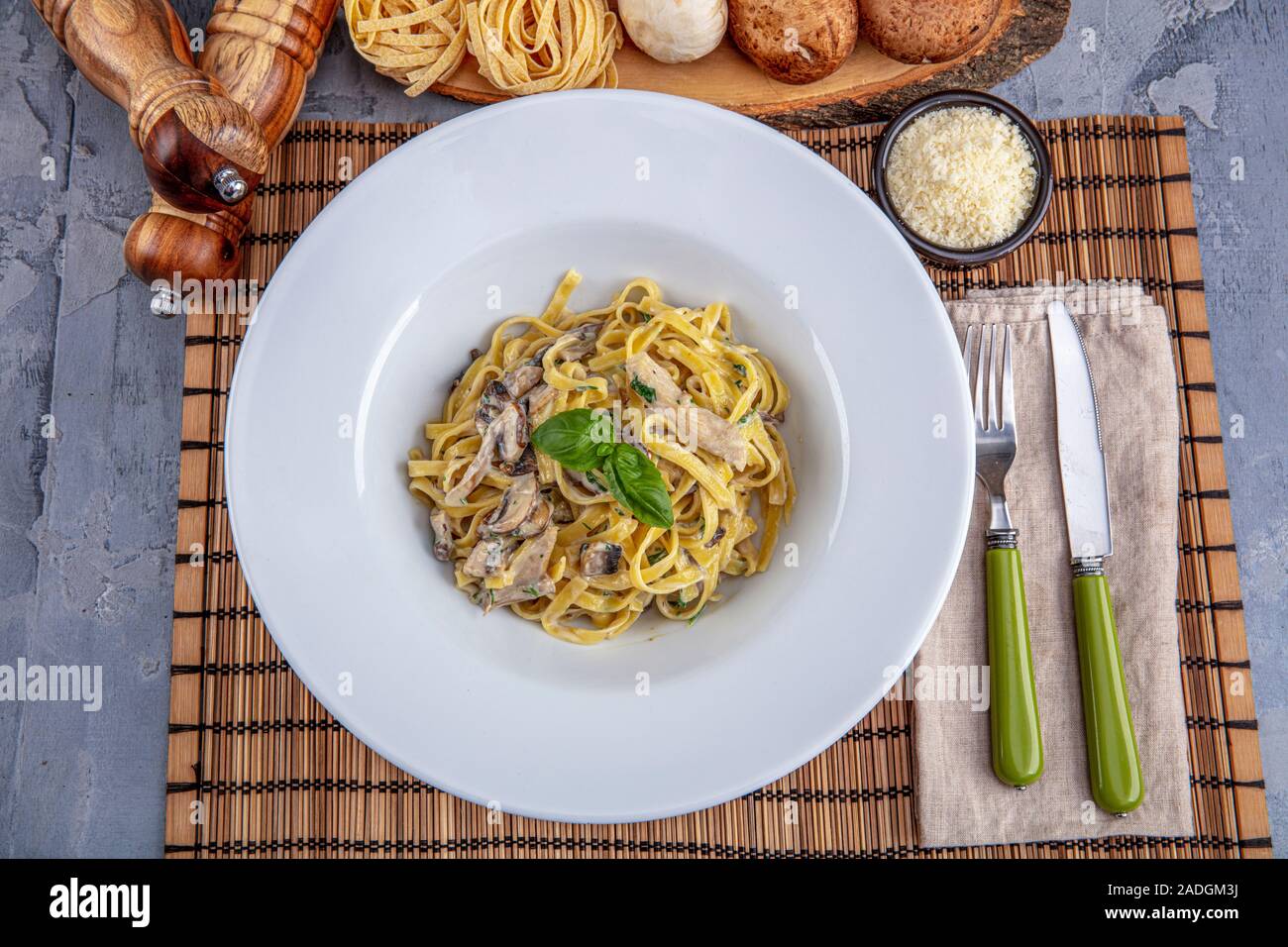 Top down view of Creamy Mushroom Fettucini Alfredo pasta Stock Photo ...
