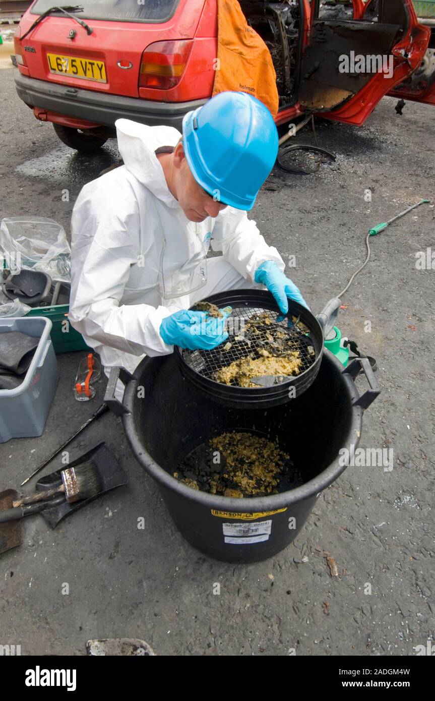 MODEL RELEASED. Forensic training. Forensics trainee sifting samples ...