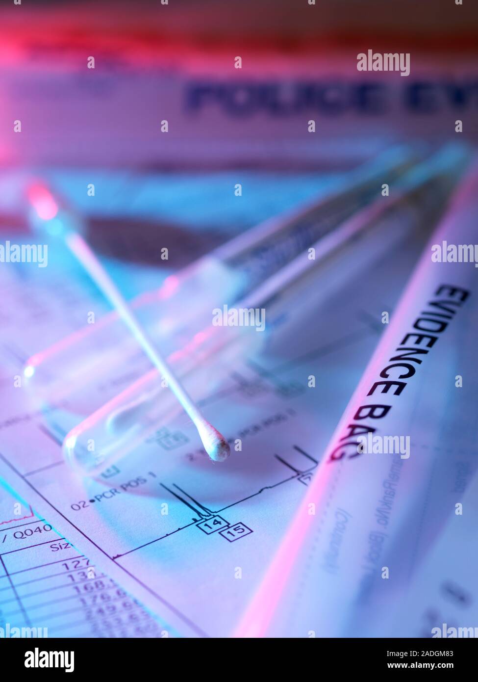Forensic evidence. Swab sample from a crime scene on top of genetic ...