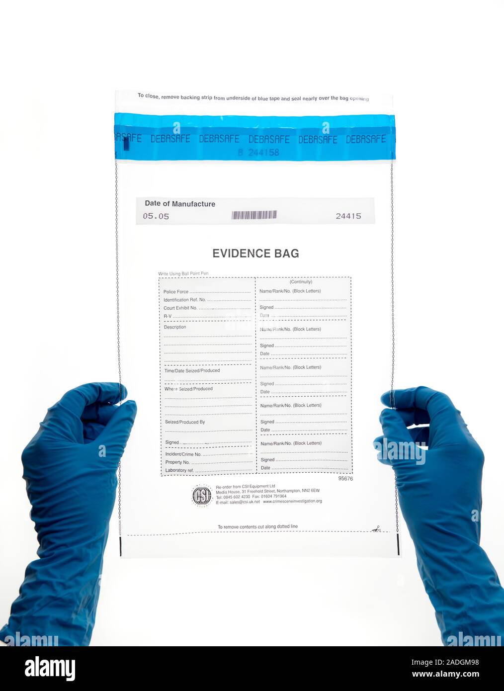 Forensic evidence bag held by a forensics officer. This bag is used to ...