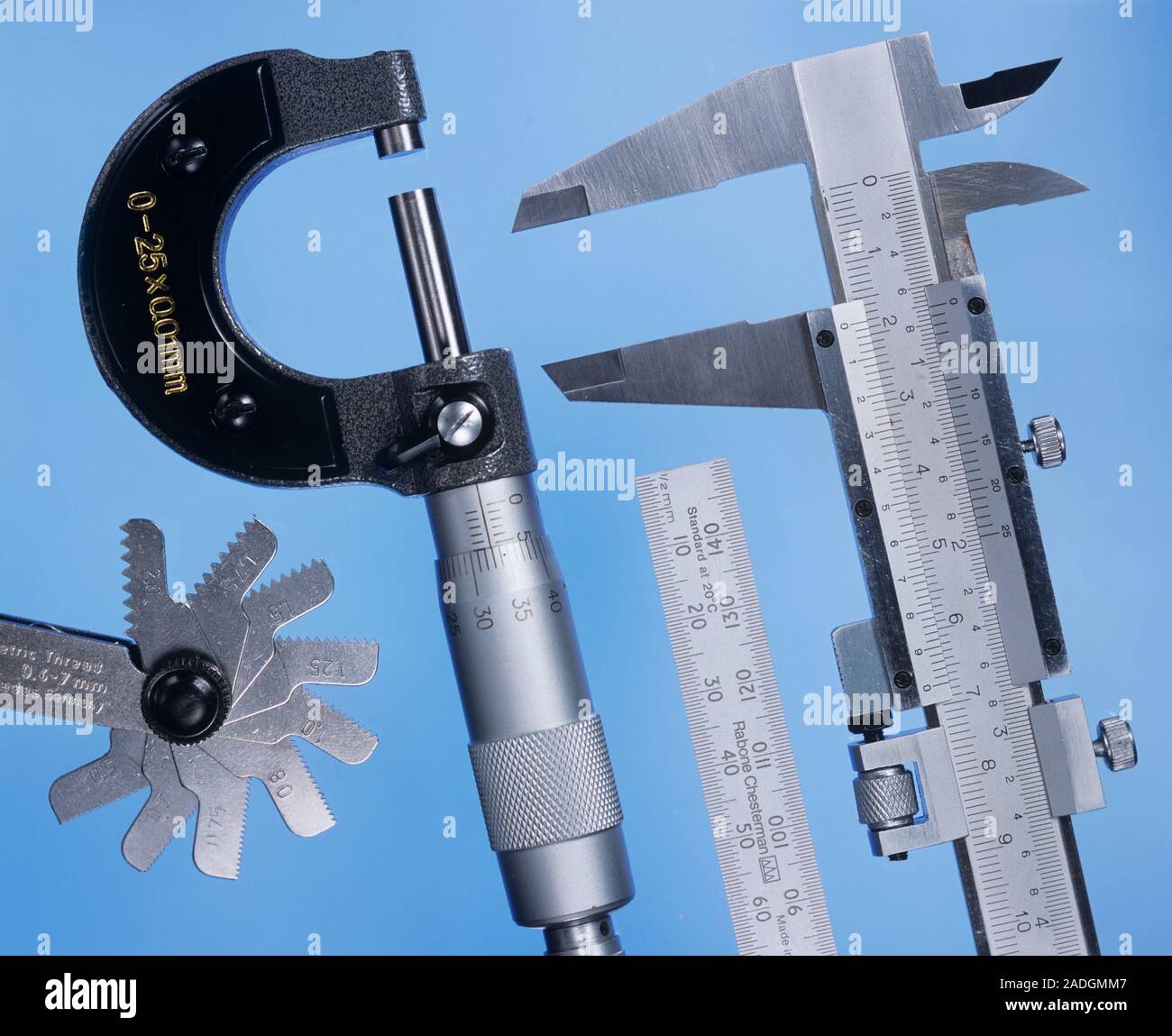 Measuring instruments. From left: a metric screwpitch gauge (0.4-7 ...