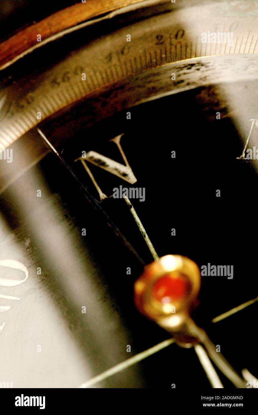 Compass. Close-up of a compass. The needle aligns itself with Earth's ...