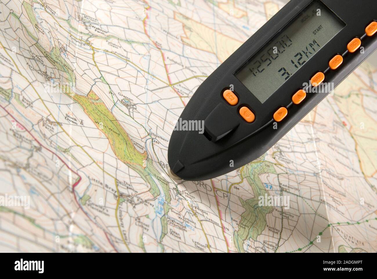 Digital map measurer. This electronic device is used to calculate distances on a map. The route ...