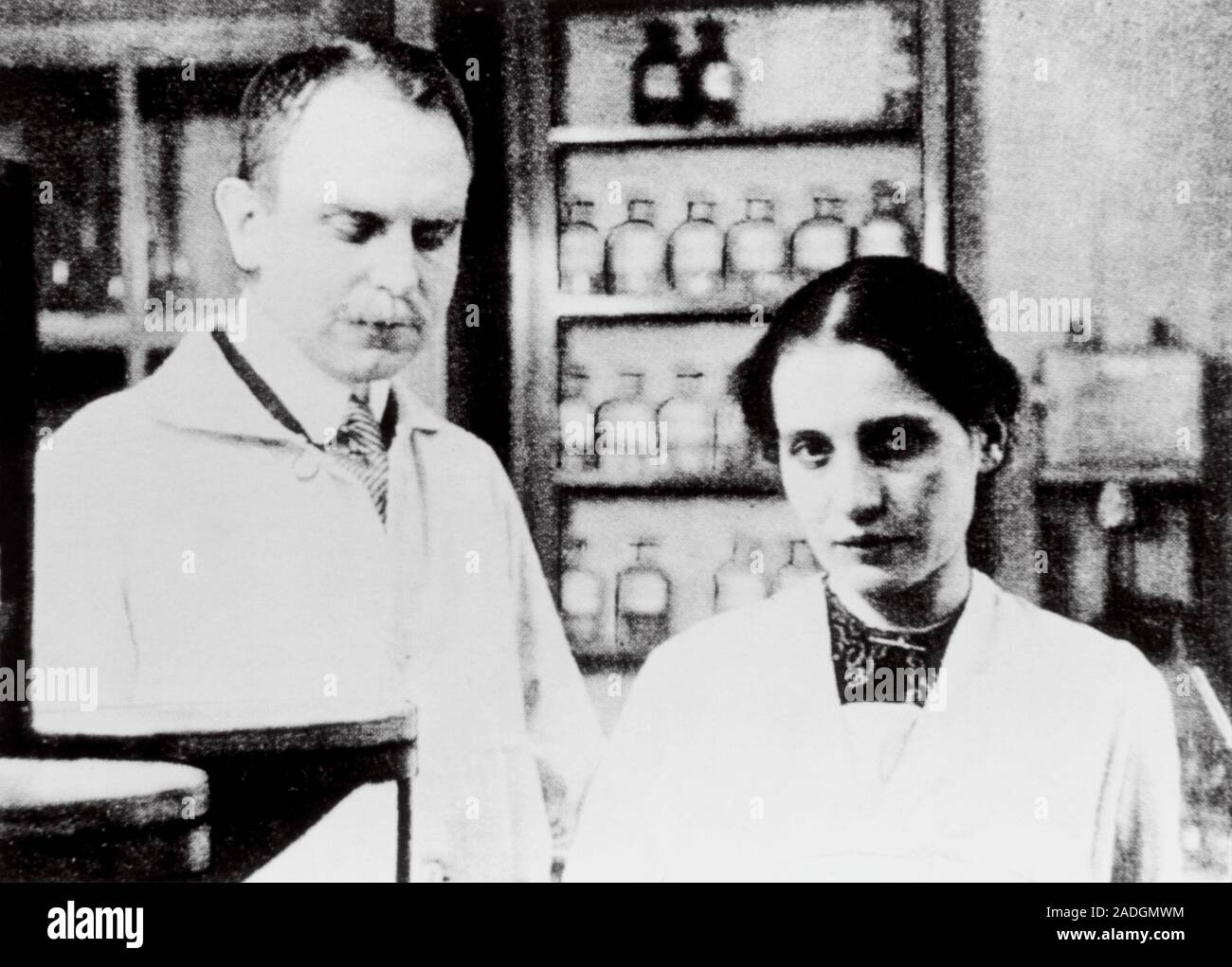 Hahn and Meitner, German chemists, working in the laboratory. Otto Hahn ...