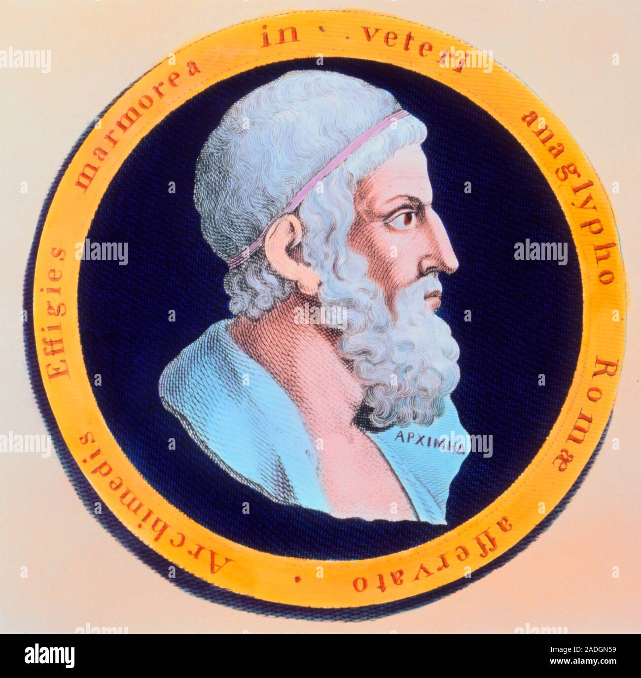 Coloured engraving after a bust of Archimedes of Syracuse (c. 287-212BC ...