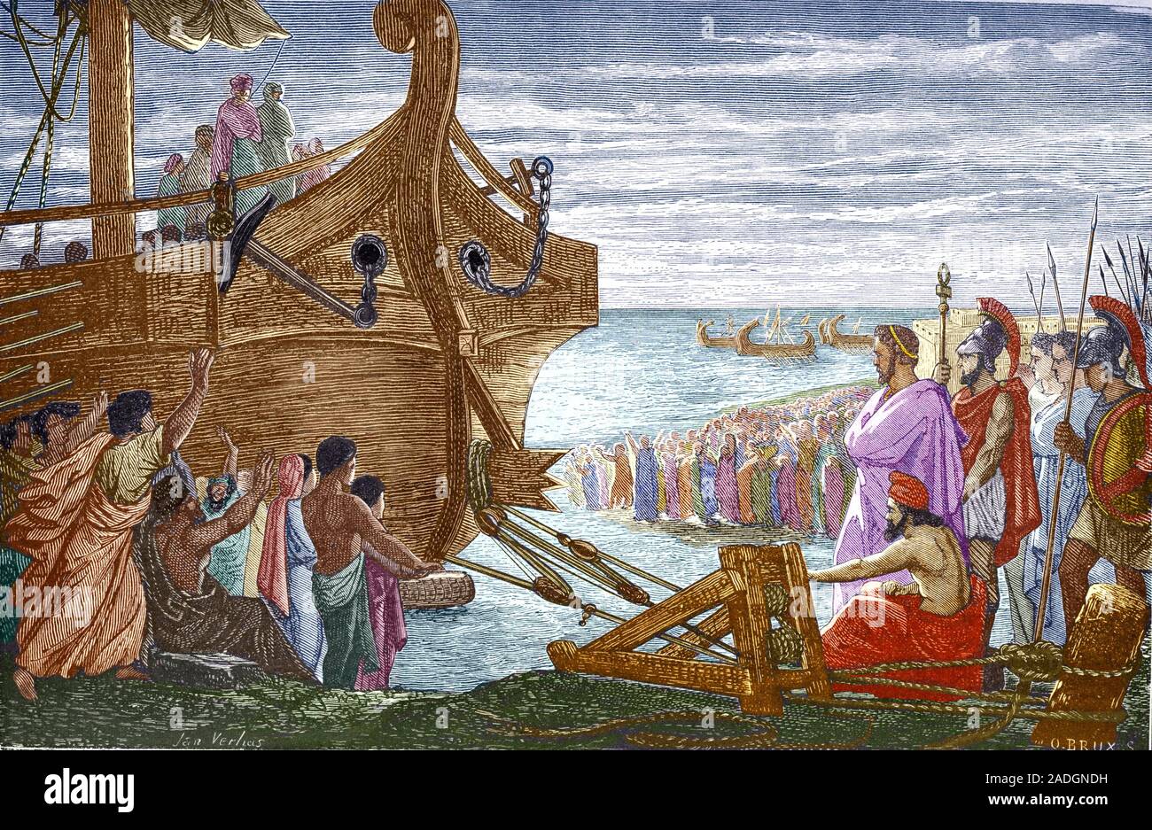 Legend of Archimedes and the lever, historical artwork. Archimedes of ...