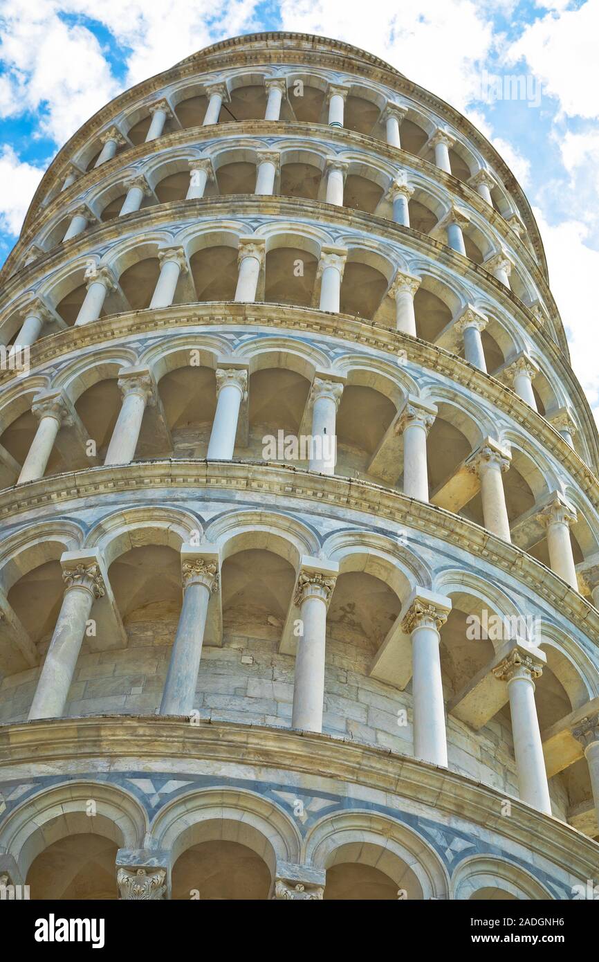 Detail of architecture of leaning tower of Pisa in Italy Stock Photo ...