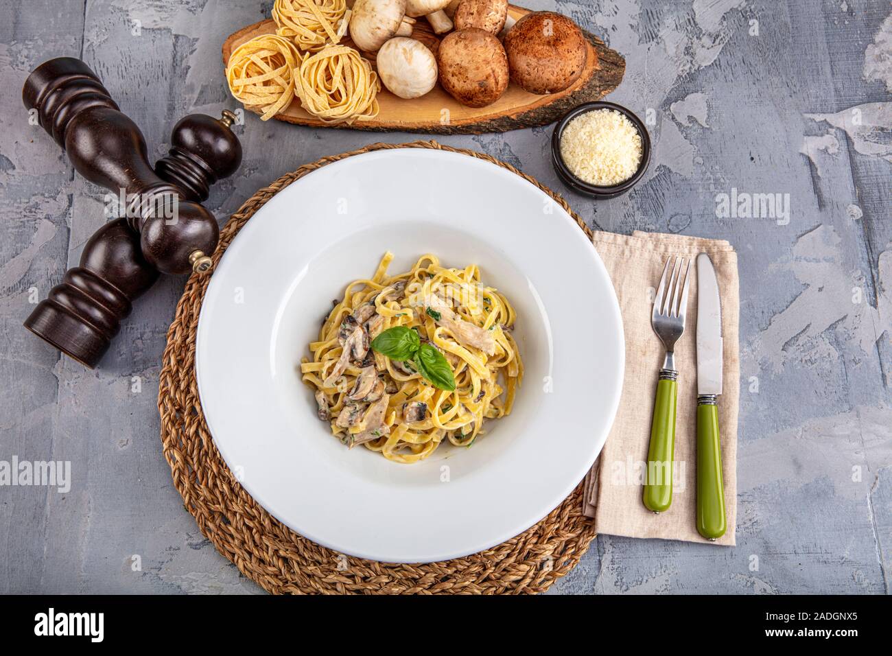 Top down view of Creamy Mushroom Fettucini Alfredo pasta Stock Photo ...