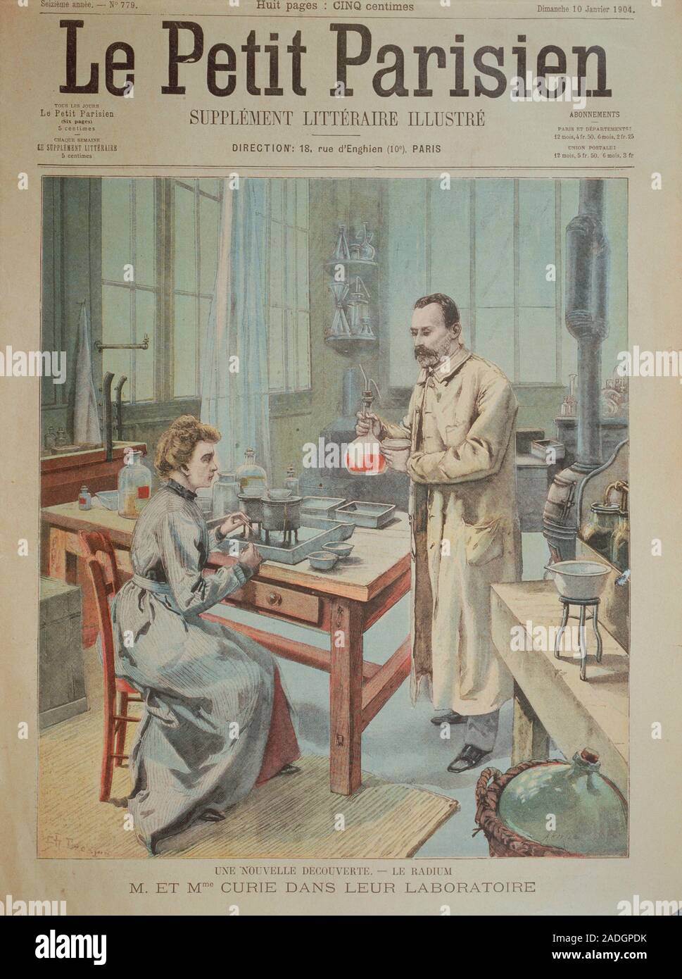 Illustration depicting Marie & Pierre Curie (1867- 1934 & 1859-1906) at work in their laboratory ...