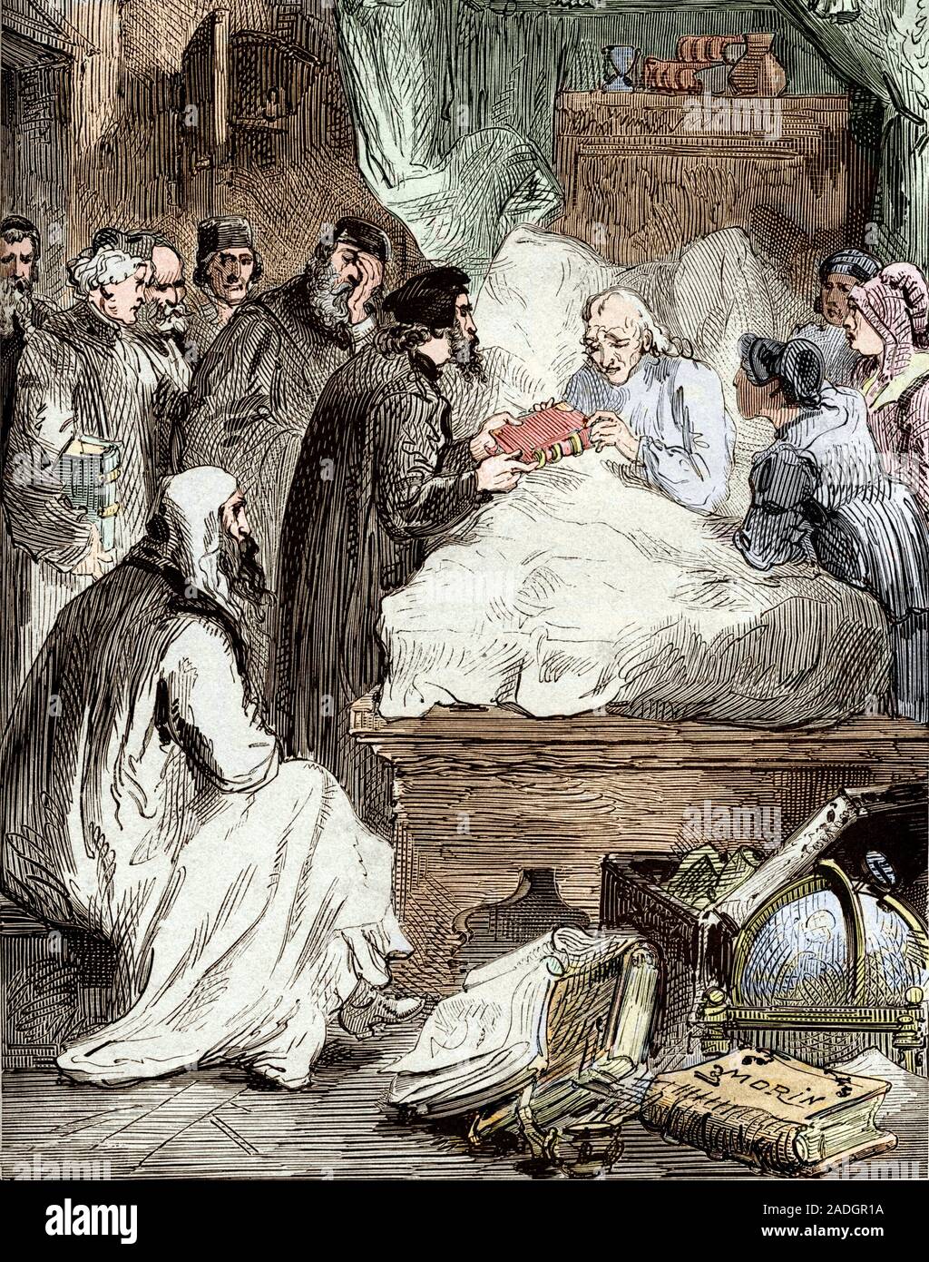 Nicolaus Copernicus (1473-1543) on his deathbed, coloured historical ...