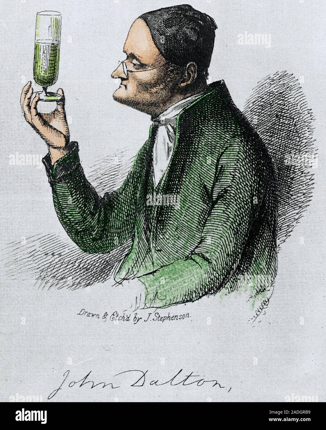 John Dalton (1766-1844), British chemist, studying a liquid in a glass ...