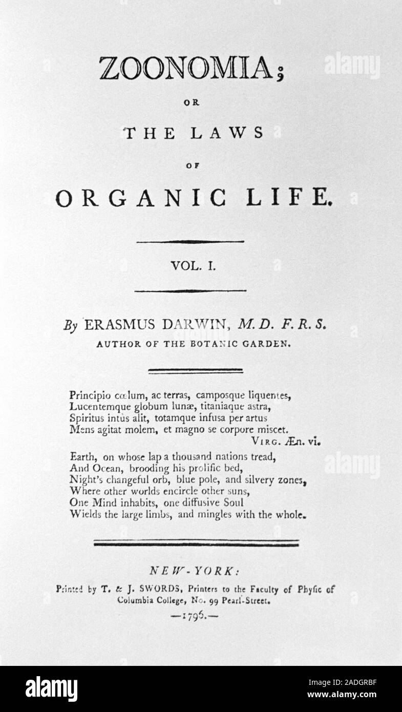 Title page of Zoonomia" (1796), authored by Erasmus Darwin (1731-1802 ...