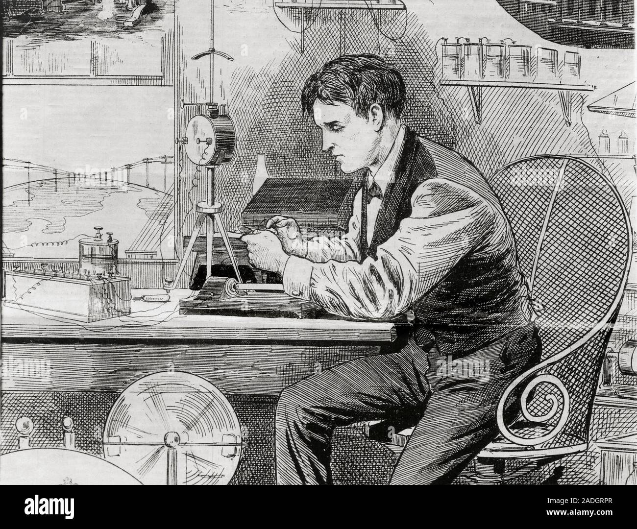 Thomas Alva Edison (1847-1931), US inventor, operating a telegraph ...