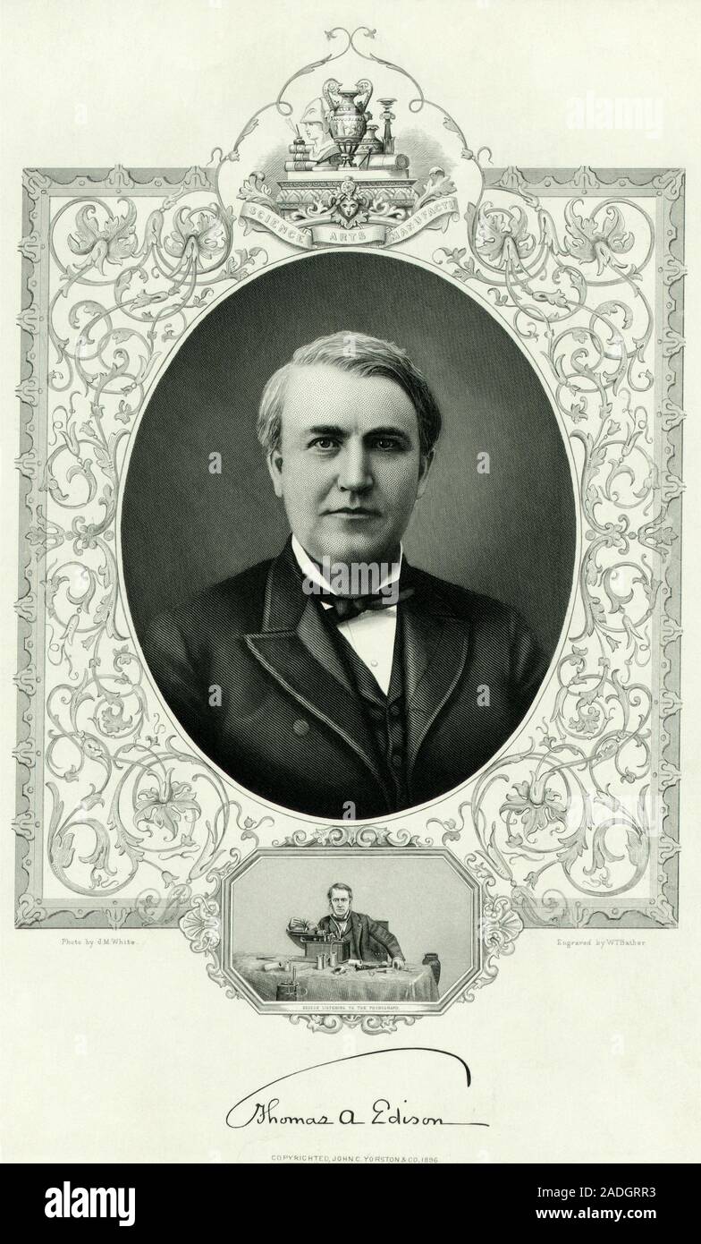 Thomas Alva Edison (1847-1931), US inventor, under a coat of arms ...