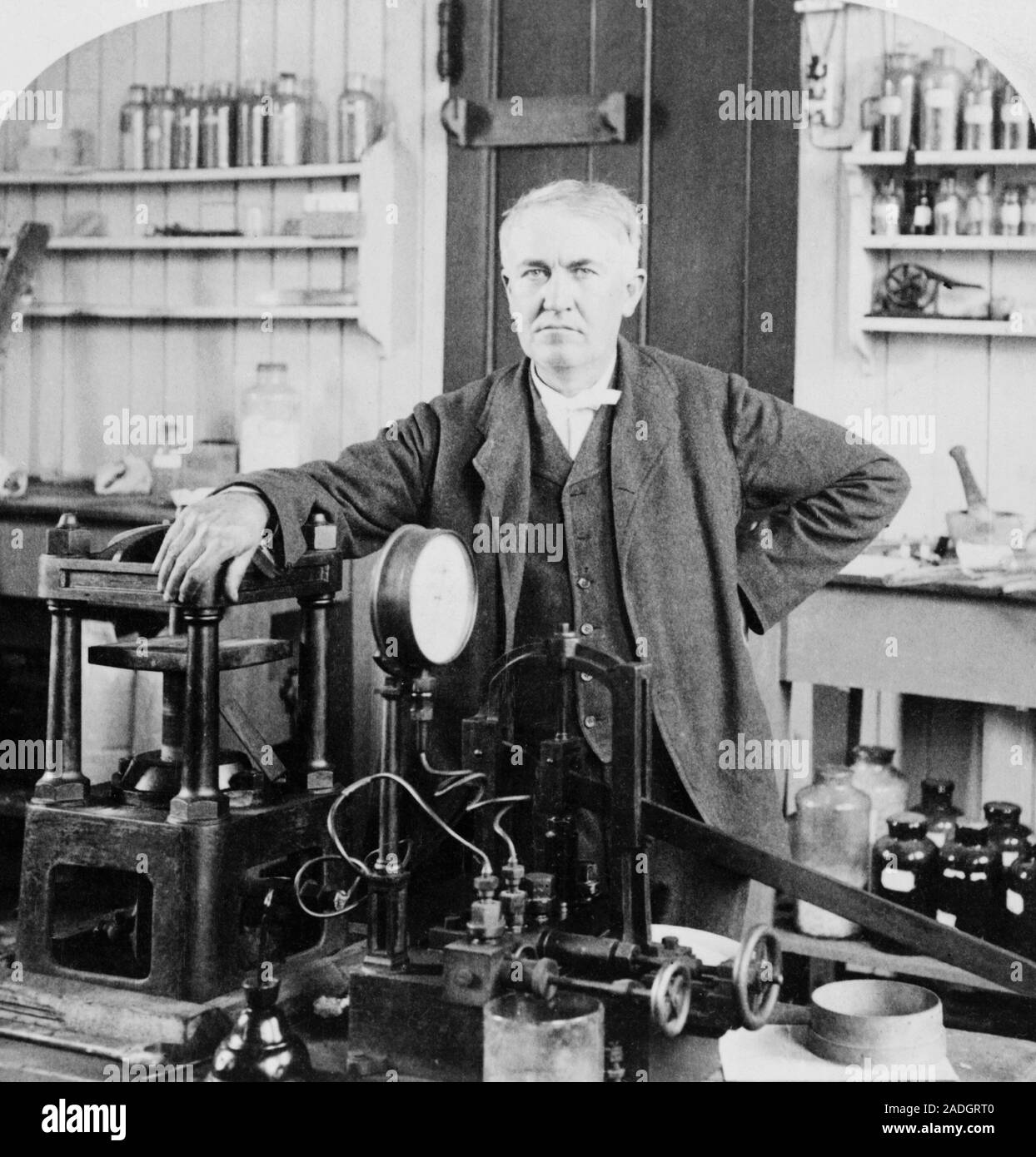 Thomas Alva Edison (1847-1931), US inventor, in his laboratory at East ...