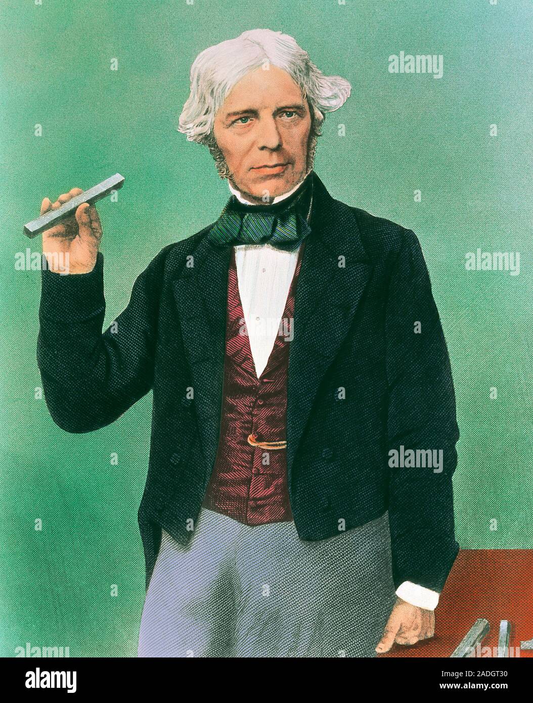 Michael Faraday, English physicist and chemist, (1791 - 1867) holding a ...