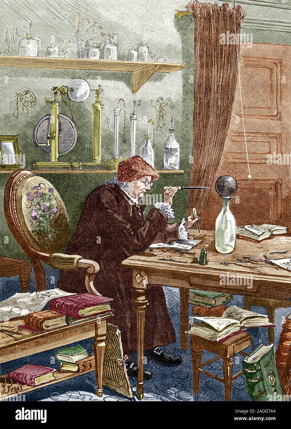 Franklin designing lightning rods. Historical artwork of Benjamin ...