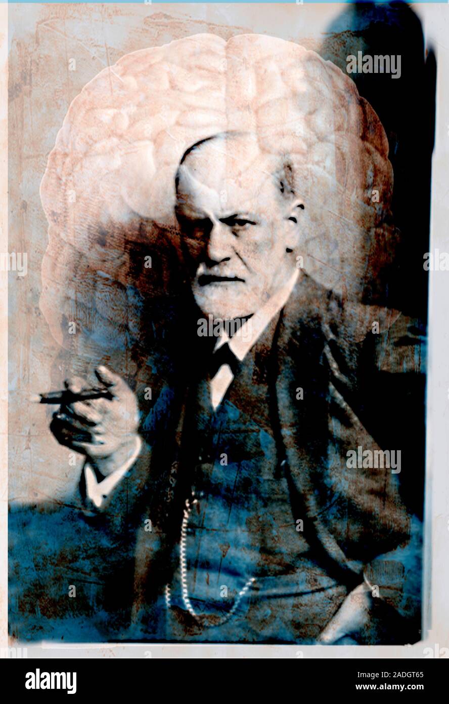 Sigmund Freud (1856-1939), Austrian psychologist. A human brain is seen ...