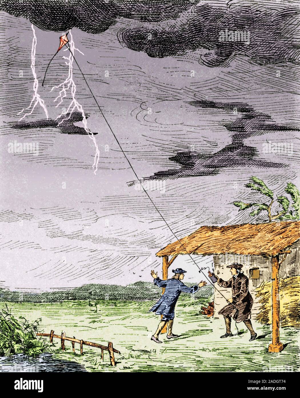 Benjamin Franklin's lightning experiment. Coloured artwork of Benjamin ...