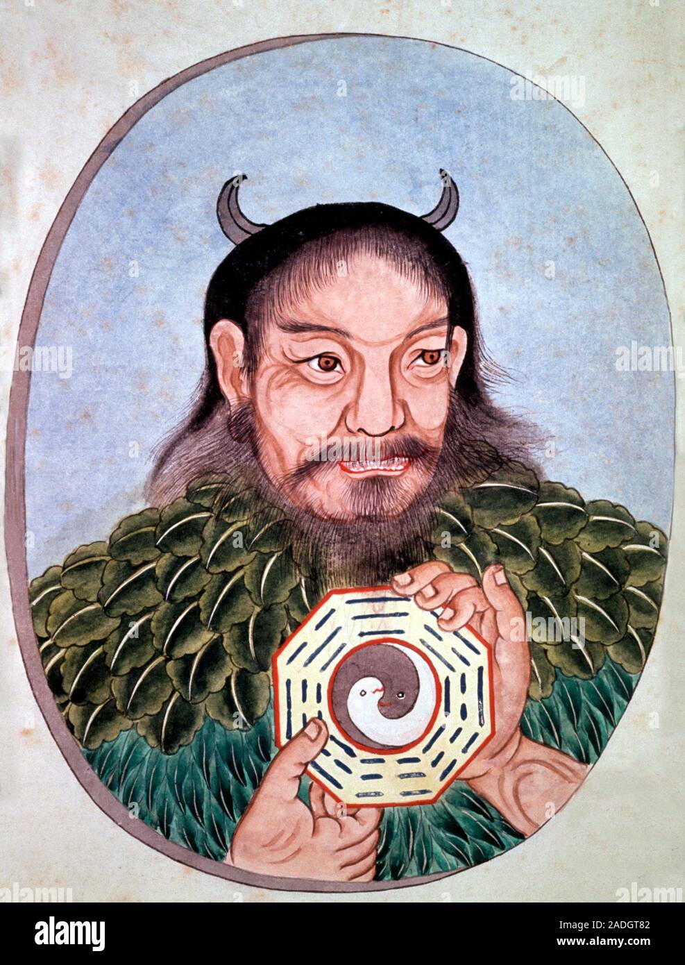 Chinese emperor Fu Hi holding a ying and yang symbol. Fu Hi, who ruled around 2500 BC, was one ...