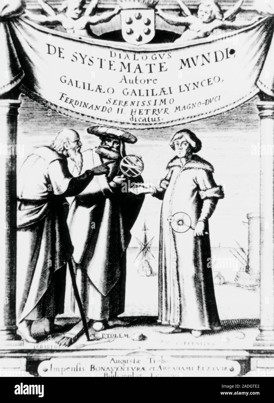 Frontispiece of Galileo's Dialogue on the Two Chief World Systems". The ...