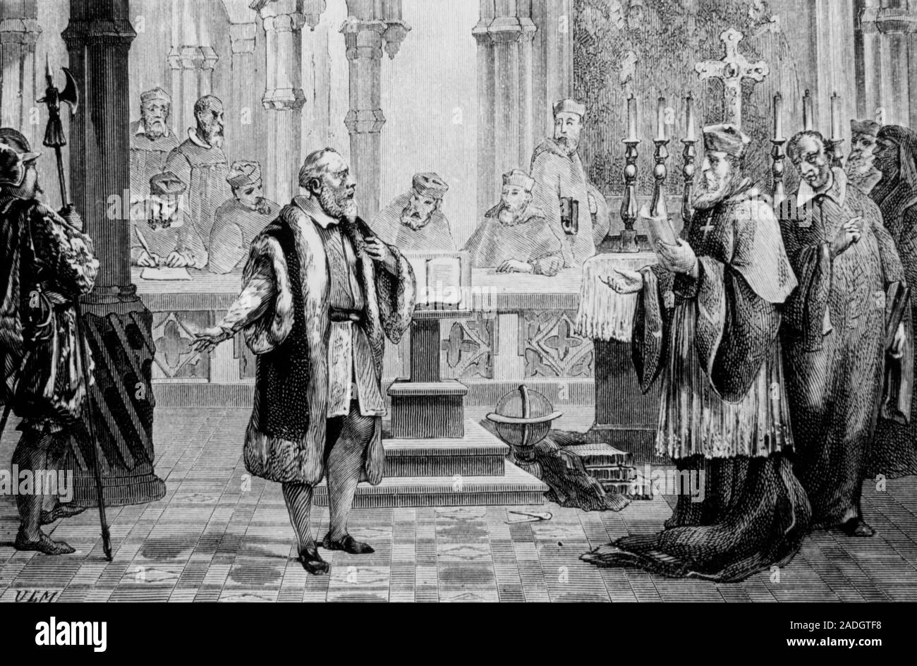 Galileo's trial. Engraving of Italian astronomer Galileo Galilei's ...